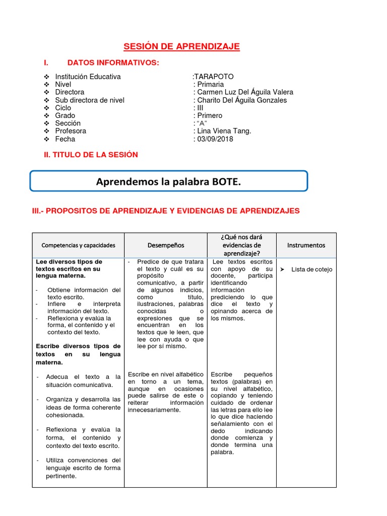 Aprendiendo la palabra "BOTE" en clase | PDF | Palabra | Educación primaria