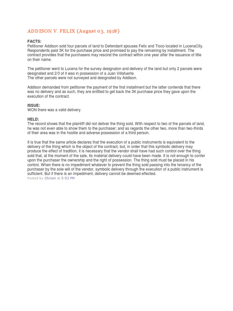 ADDISON V. FELIX (August 03, 1918) : Facts | PDF