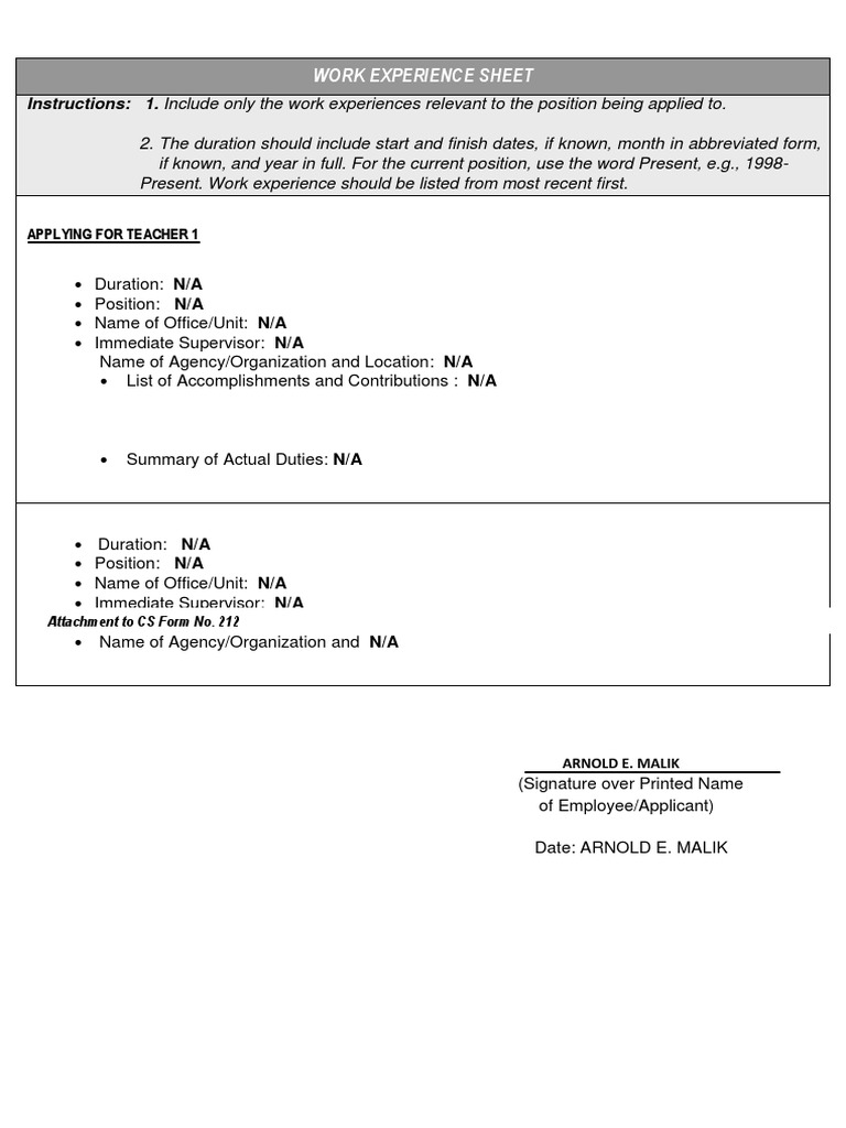 Work Experience Sheet: Instructions: 1. Include Only The Work ...