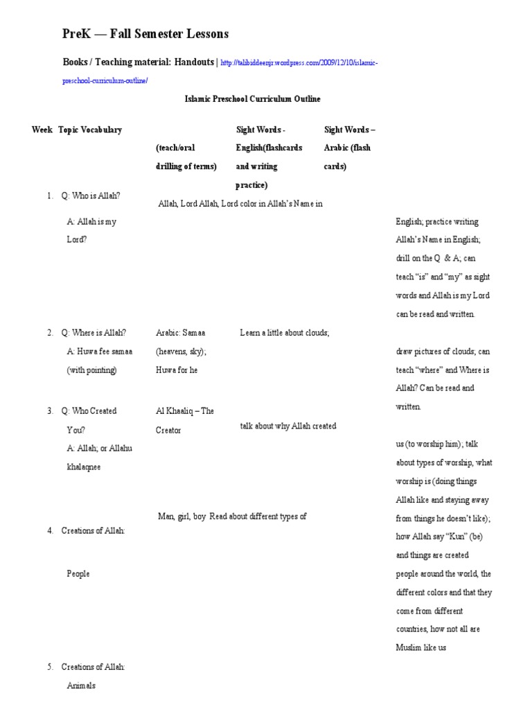 Islamic Preschool Curriculum Overview | PDF | Allah | Religious ...