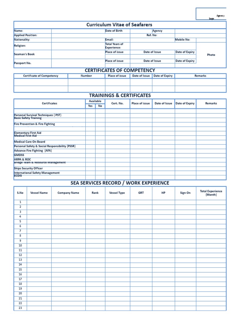 Curriculum Vitae of Seafarers: Agency Logo | PDF | Water Transport ...