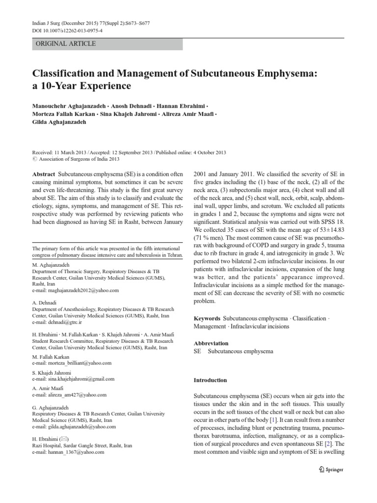 Management and Classification of Subcutaneous Emphysema | PDF | Thorax ...