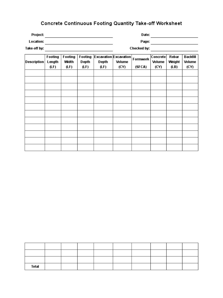 Concrete Continuous Footing Quantity Take-Off Worksheet | PDF | Column ...