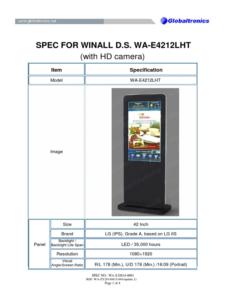 WA-E4212LHT Display Specifications | PDF | Solid State Drive | Hdmi