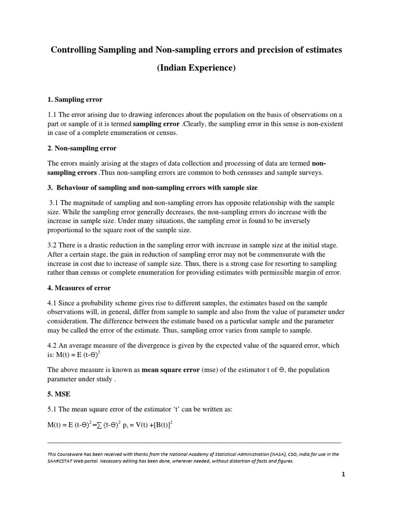 6 controlling Sampling Non Sampling Errors PDF Mean Squared Error 