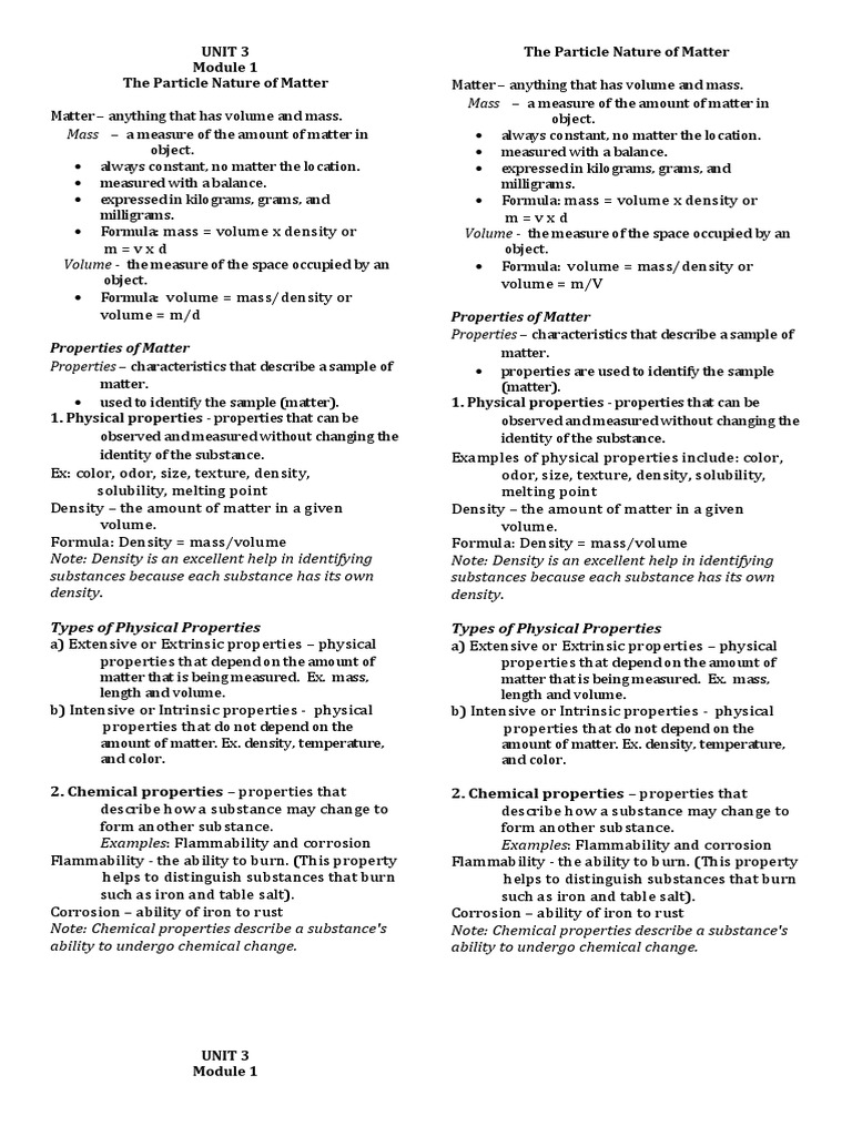 Properties of Matter Notes Grade 8 | PDF | Matter | Density