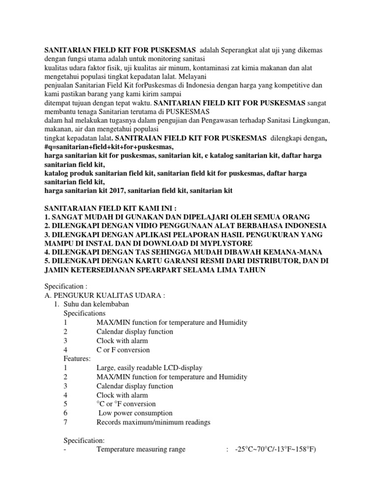 Sanitarian Field Kit For Puskesmas | PDF