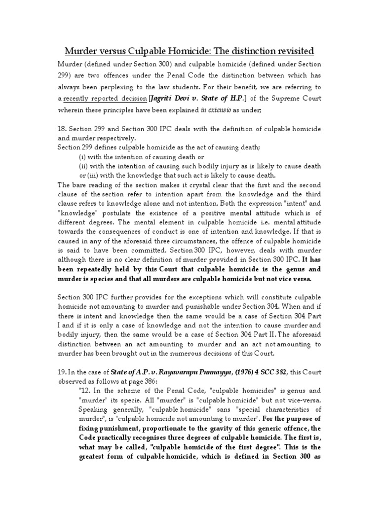 Murder vs. Culpable Homicide Explained | PDF | Murder | Intention ...