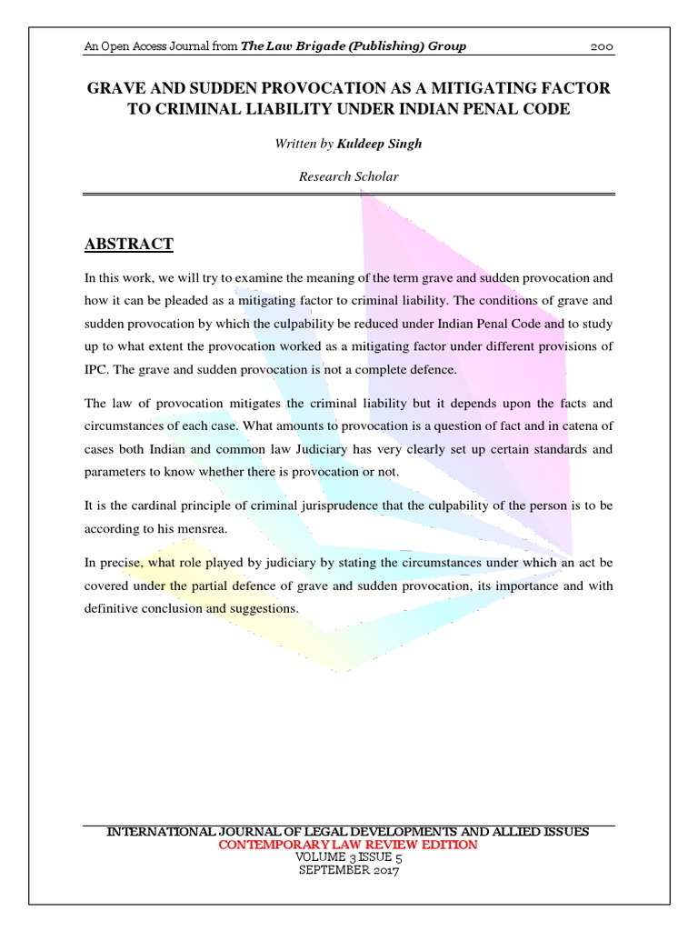 Grave and Sudden Provocation As A Mitigating Factor To Criminal ...