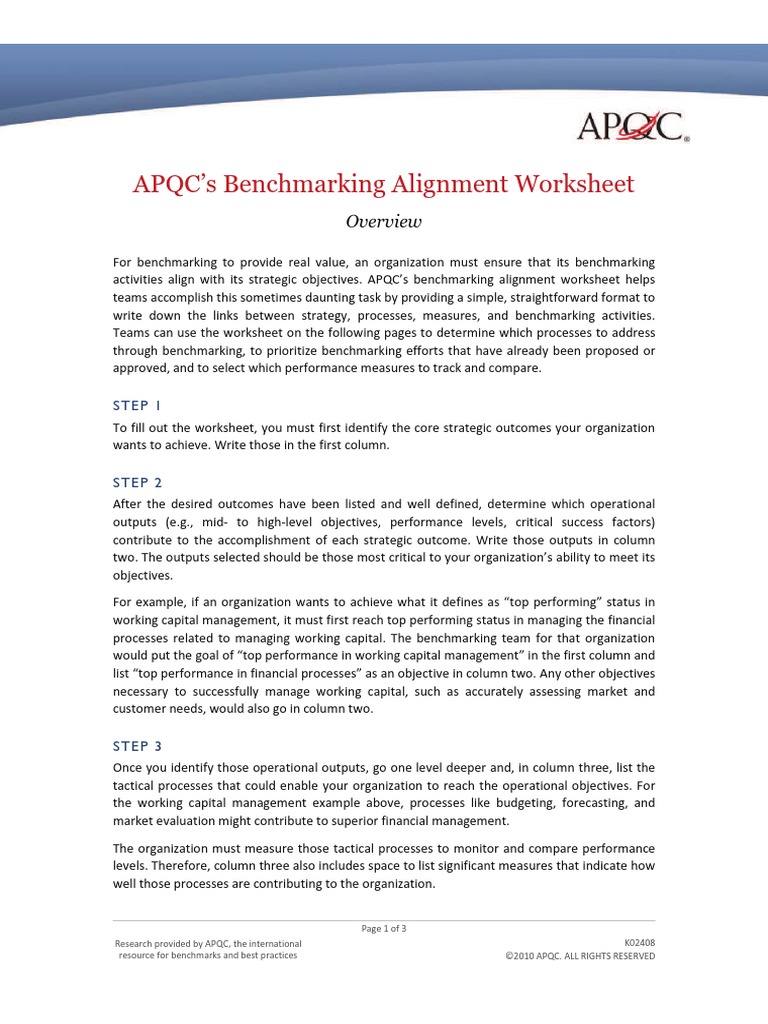 APQC's Benchmarking Alignment Worksheet: Step1 | PDF | Benchmarking | Goal