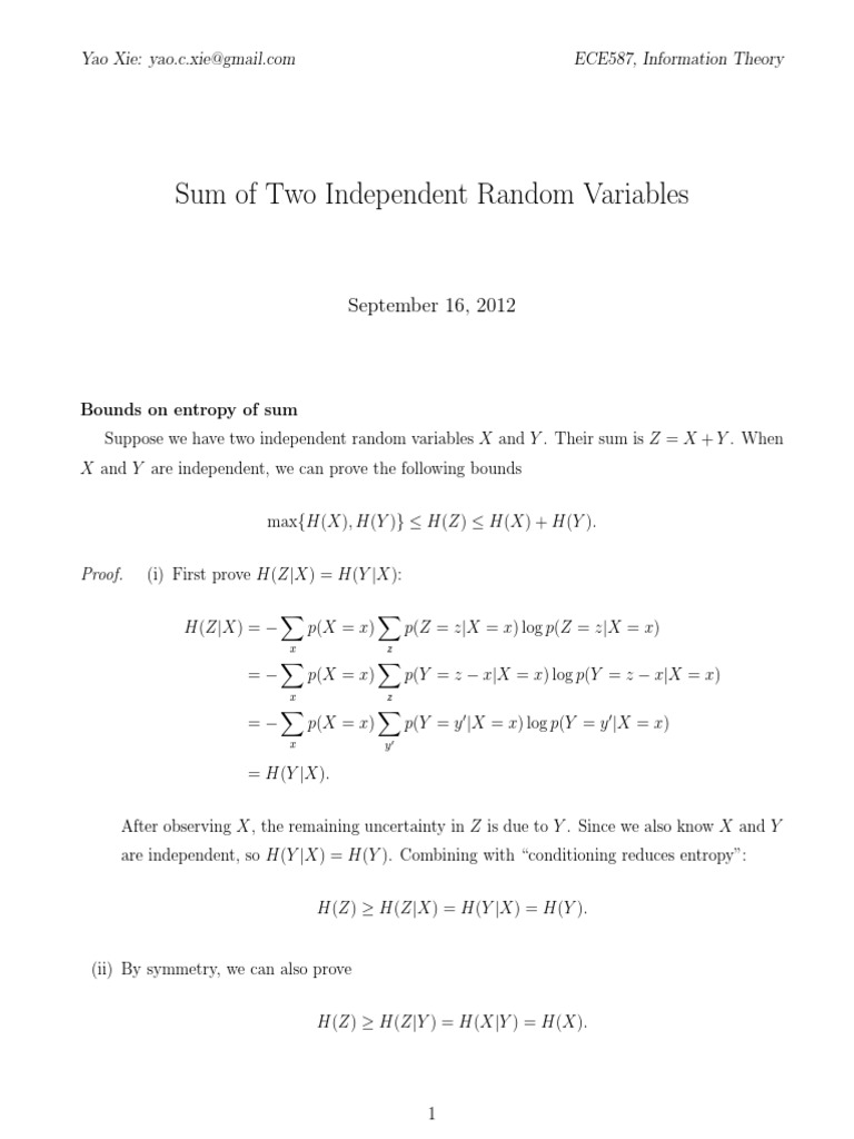 Sum of Two Independent Random Variables: September 16, 2012 | PDF | Probability Density Function ...