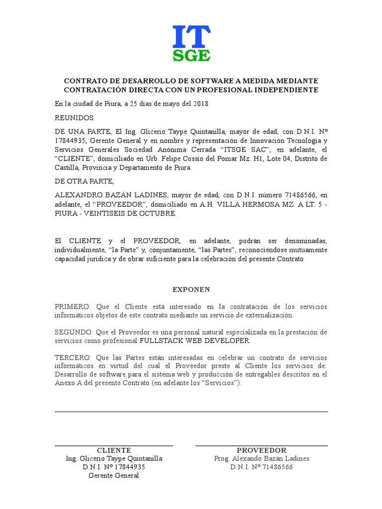 Contrato de Desarrollo de Software a Medida Mediante Contratación ...