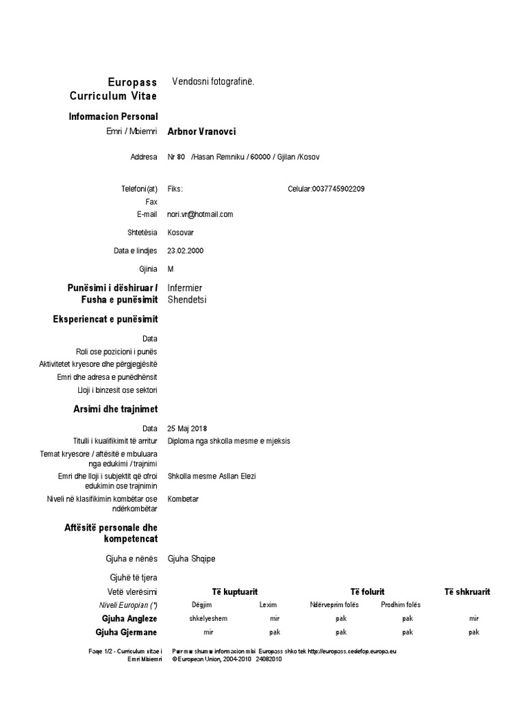 Resume Format Modele Cv Shqip