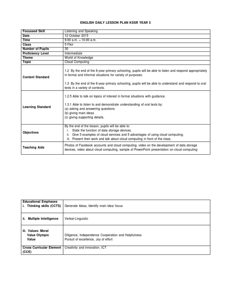 English Daily Lesson Plan KSSR Year 5 Focussed Skill Date Time Class ...