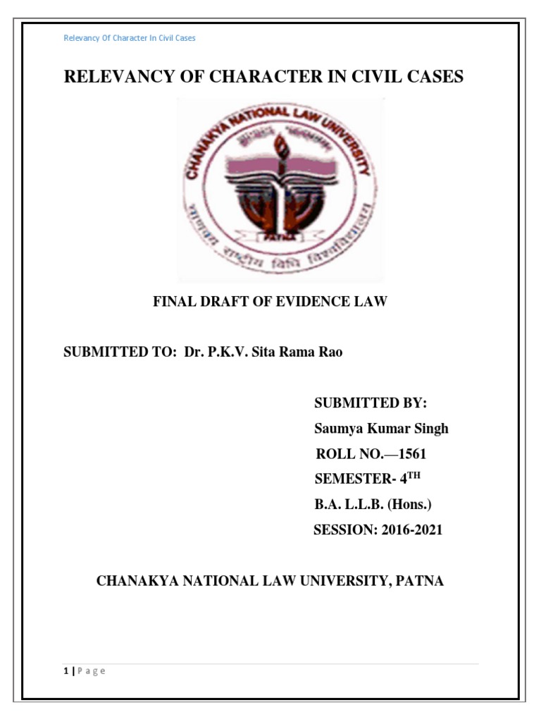 Relevancy of Character in Civil Cases: Final Draft of Evidence Law ...