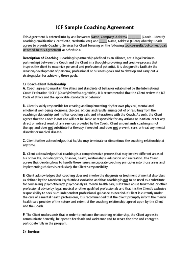 Sample Coaching Agreement | PDF | Confidentiality | Mental Health ...