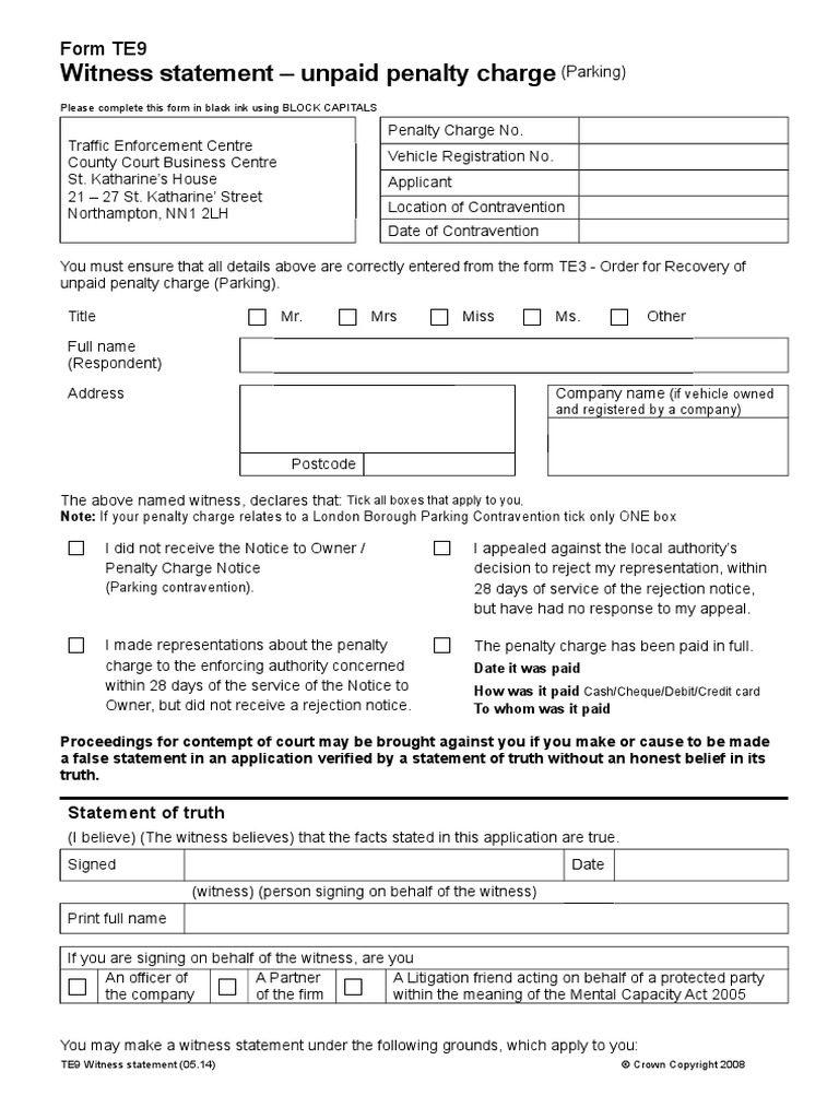Witness Statement - Unpaid Penalty Charge: Form TE9 | PDF | Witness | Truth