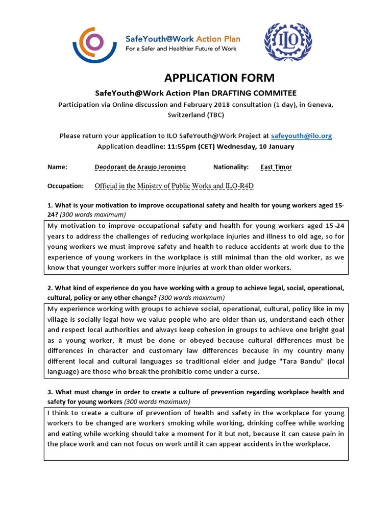 Safe Youth at Work Action Plan Drafting Committee APPLICATION FORM ...