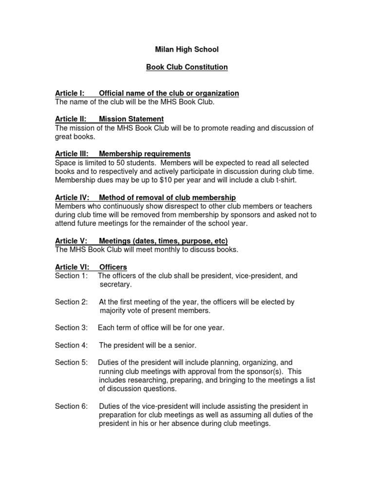 Mhs Book Club Constitution and Proposal | PDF | Public Law | Official ...