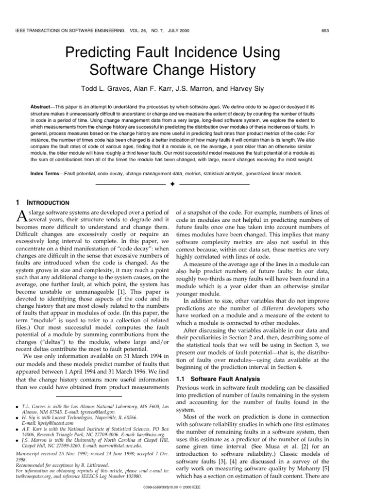 Predicting Fault Incidence Using Software Change History PDF | PDF | Poisson Distribution ...