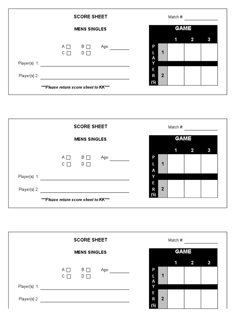 Score Sheet: Mens Singles | PDF