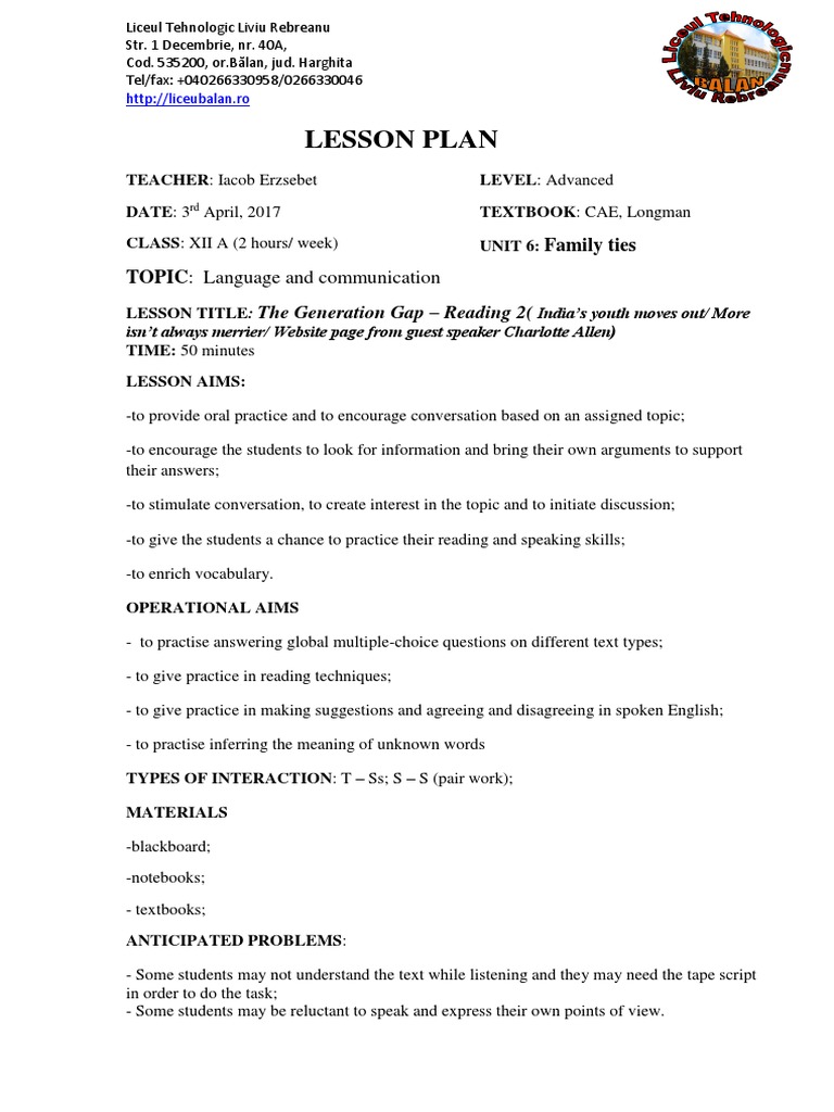 Lesson Plan: Family Ties TOPIC: Language and Communication | Download ...