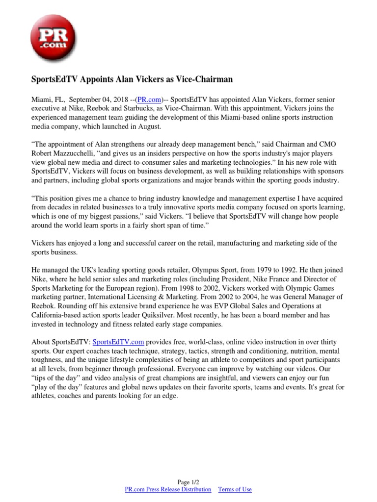 SportsEdTV Appoints Alan Vickers As Vice-Chairman | PDF | Sports ...