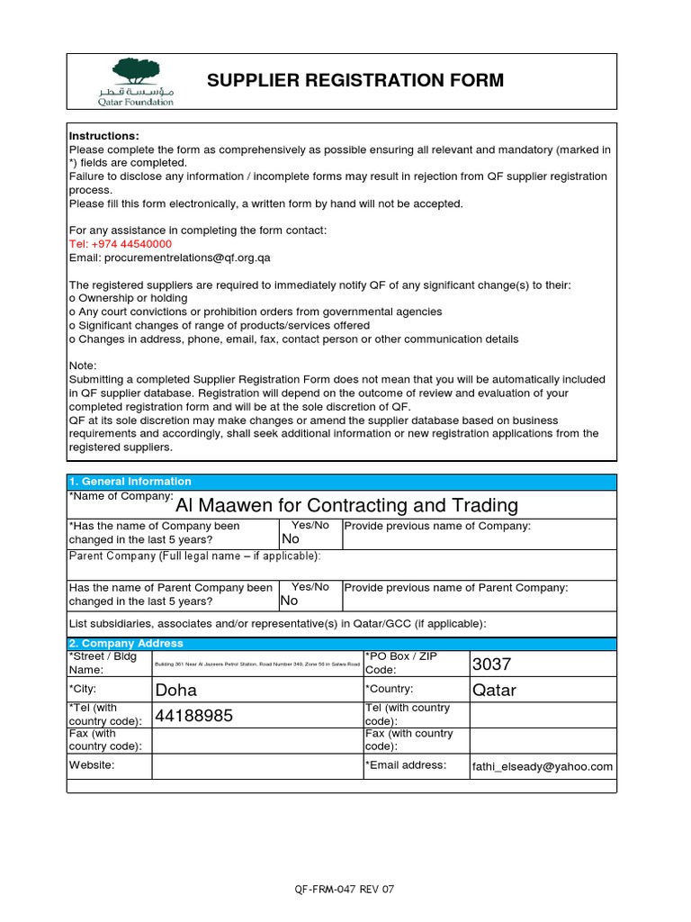 QF Supplier Form | PDF | Telecommunication | Electronics