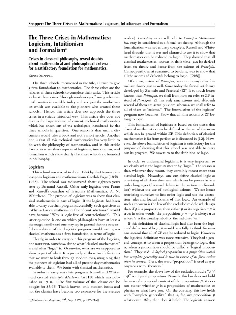 The Three Crises in Mathematics. Logicism, Intuition Ism and Formalism ...