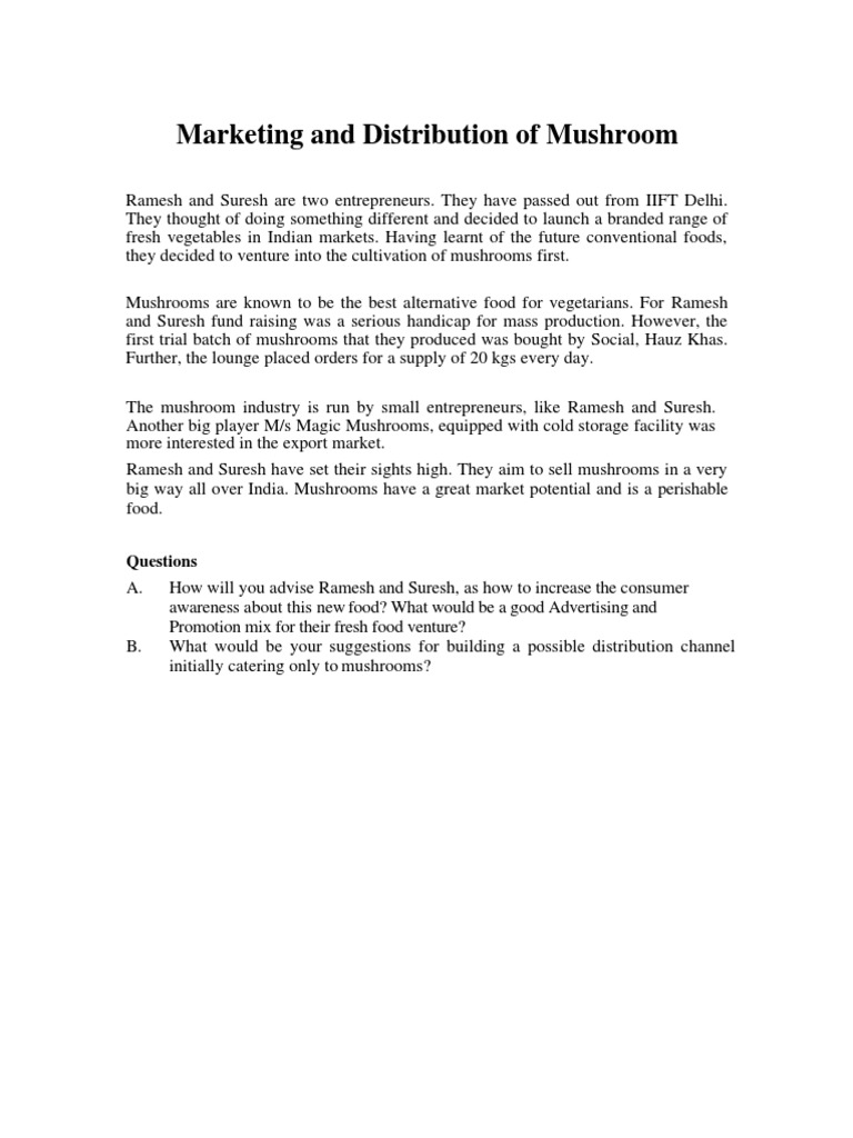 Marketing and Distribution of Mushroom: Questions | PDF