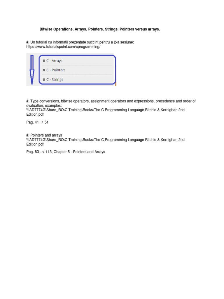 Bitwise Operations. Arrays. Pointers. Strings. Pointers Versus Arrays | PDF