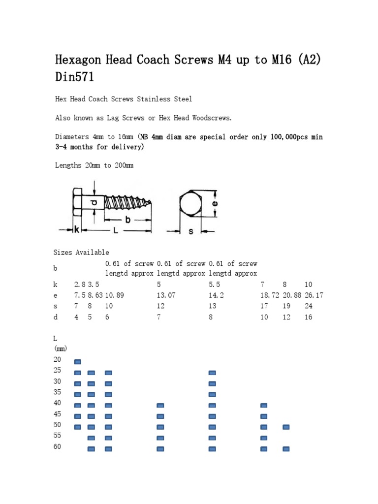 Hexagon Head Coach Screws M4 Up To M16 (A2) Din571 | PDF