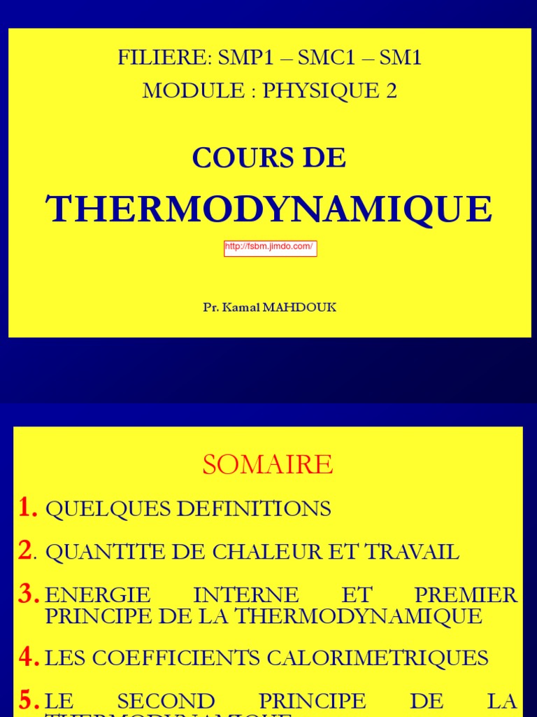 Cours de Thermodynamique S1 | PDF | Transfert thermique | Capacité ...