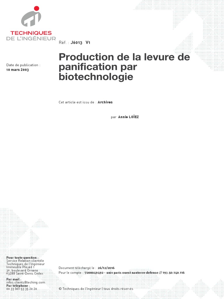 Production de La Levure de Panification Par Biotechnologie | PDF ...
