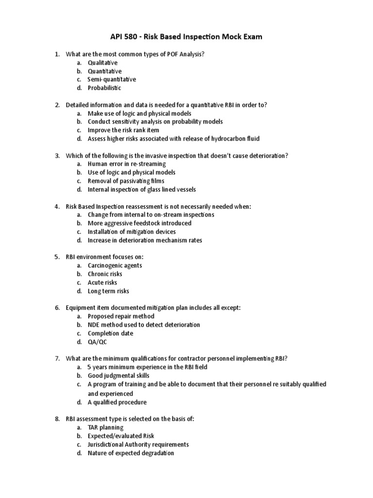 API 580 - Risk Based Inspection Mock Exam | PDF | Risk | Reliability ...