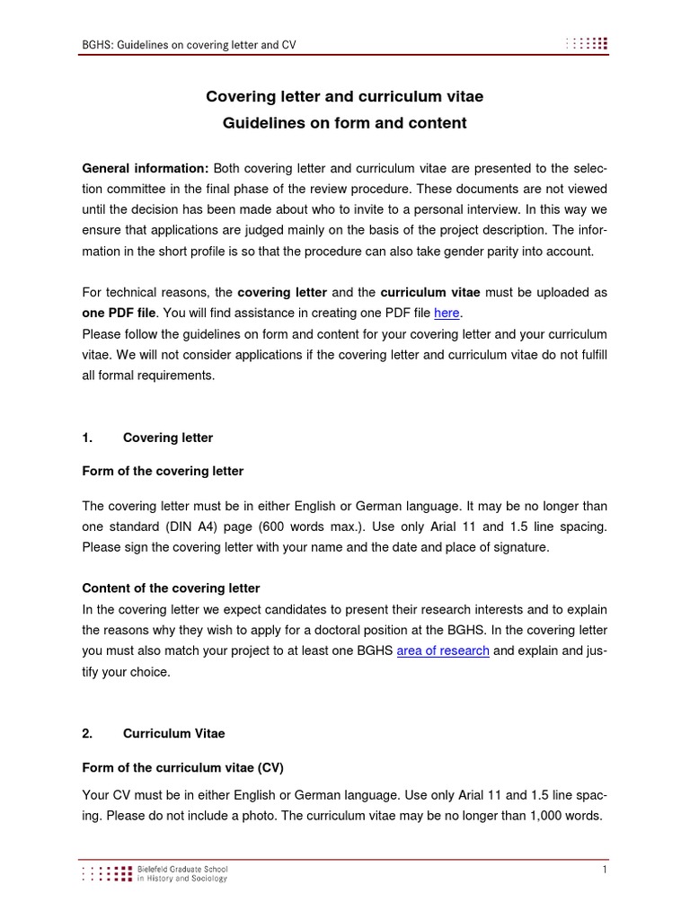 Covering Letter and Curriculum Vitae Guidelines On Form and Content ...