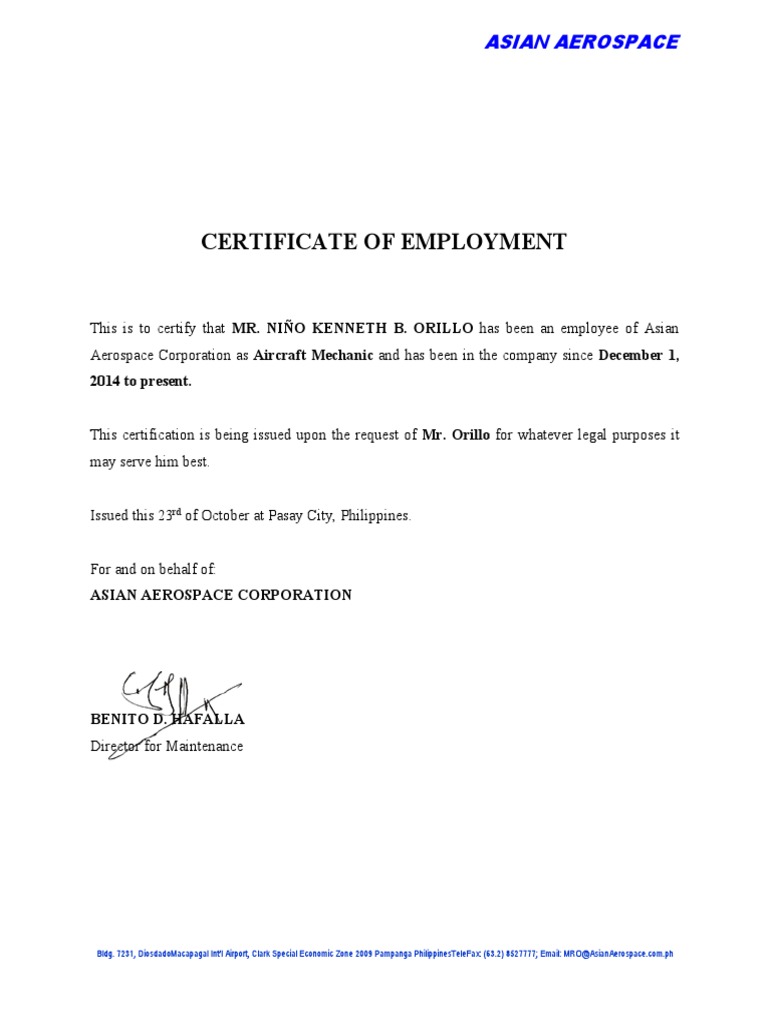 Certificate of Employment for Aircraft Mechanic | PDF | Business