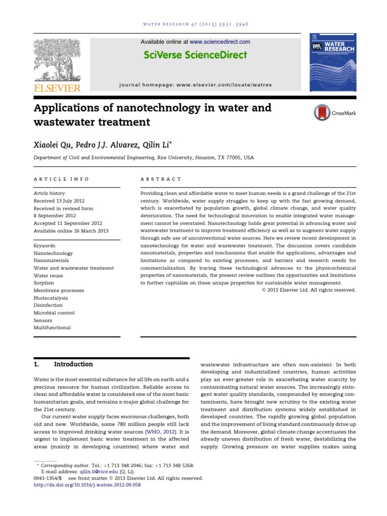 Applications of Nanotechnology in Water Treatment PDF | PDF ...