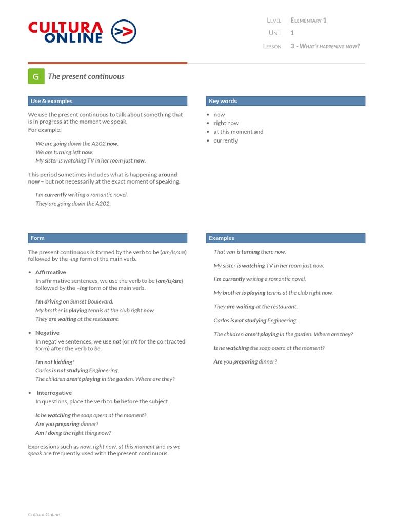 The Present Continuous: Use & Examples Key Words | PDF | Verb | Grammar
