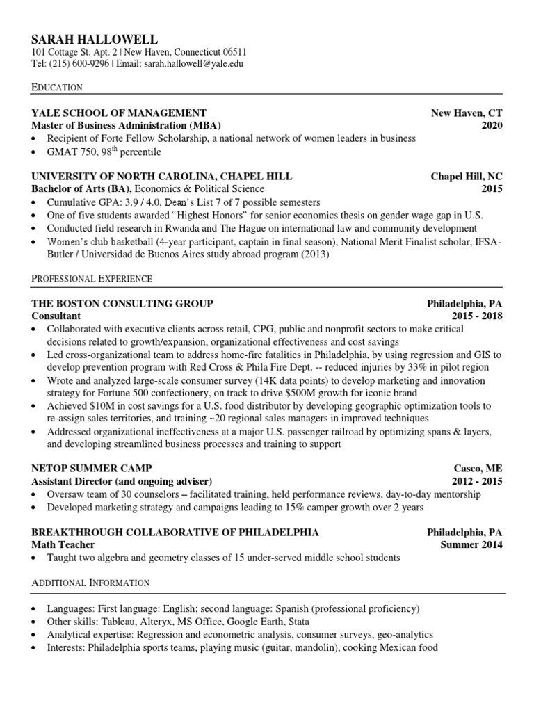 Sarah Hallowell Yale SOM Resume | PDF | Business