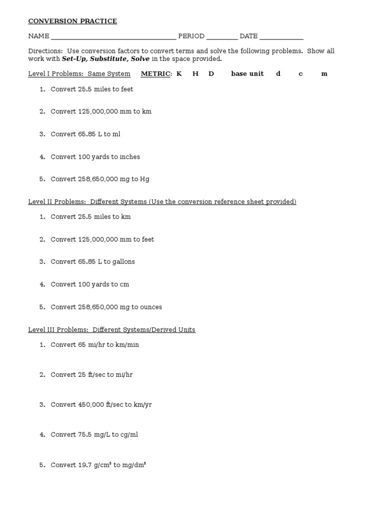 METRIC AND UNIT CONVERSION PRACTICE WORKSHEET | PDF