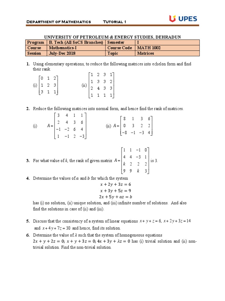 Tutorial-I - MATH 1002 PDF | PDF | Matrix (Mathematics) | Linear Algebra