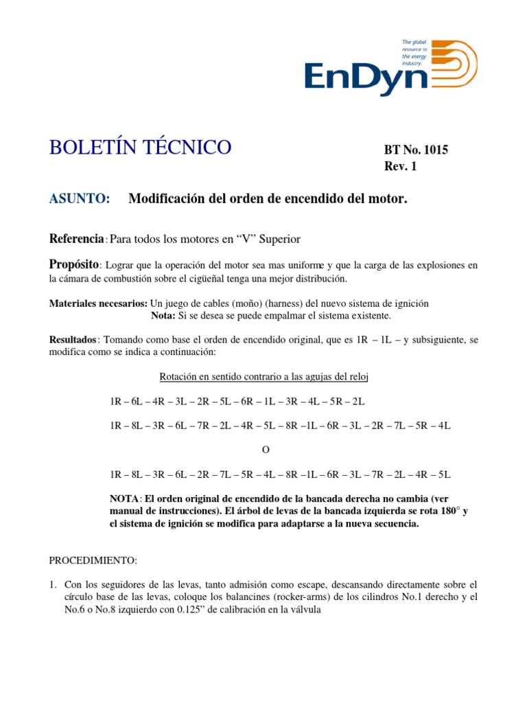Reporte Tecnico Endyn Modificación Del Orden de Encendido Del Motor ...