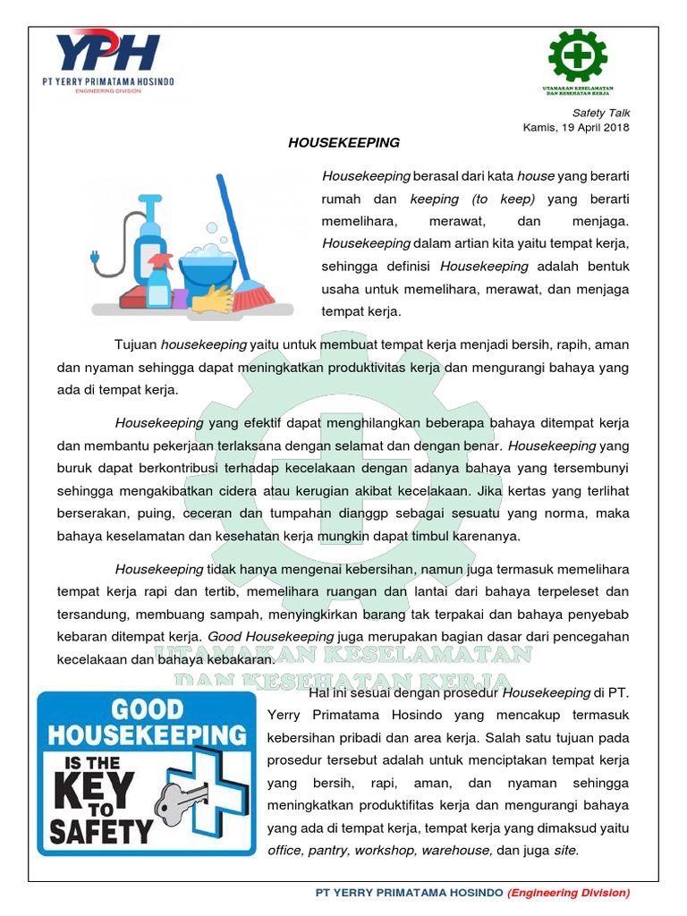 Materi Safety Talk - 19 April 2018 - Housekeeping | PDF