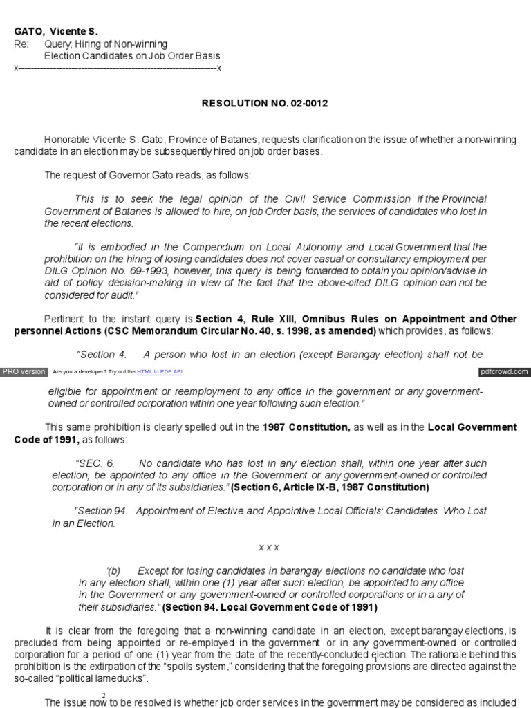 CSC Resolution No. 02-0012 Job Order Hired After Losing in A Barangay ...