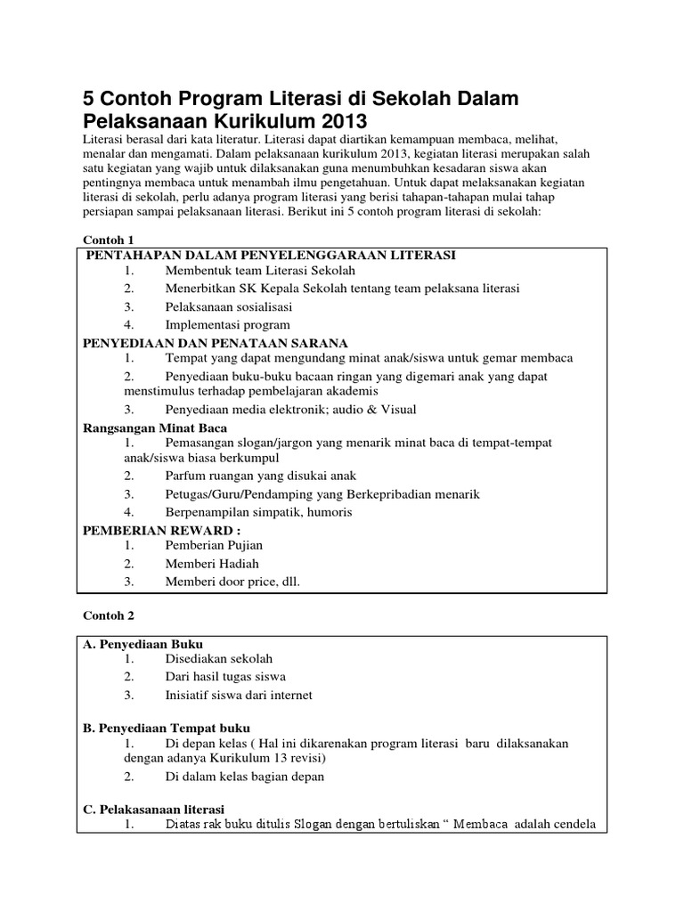 5 Contoh Program Literasi Di Sekolah Dalam Pelaksanaan Kurikulum 2013 | PDF
