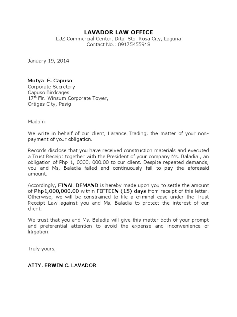 Demand Letter Trust Receipt Law | PDF