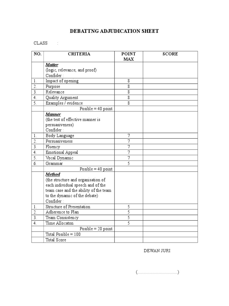 Debate Adjudication Criteria Sheet | PDF