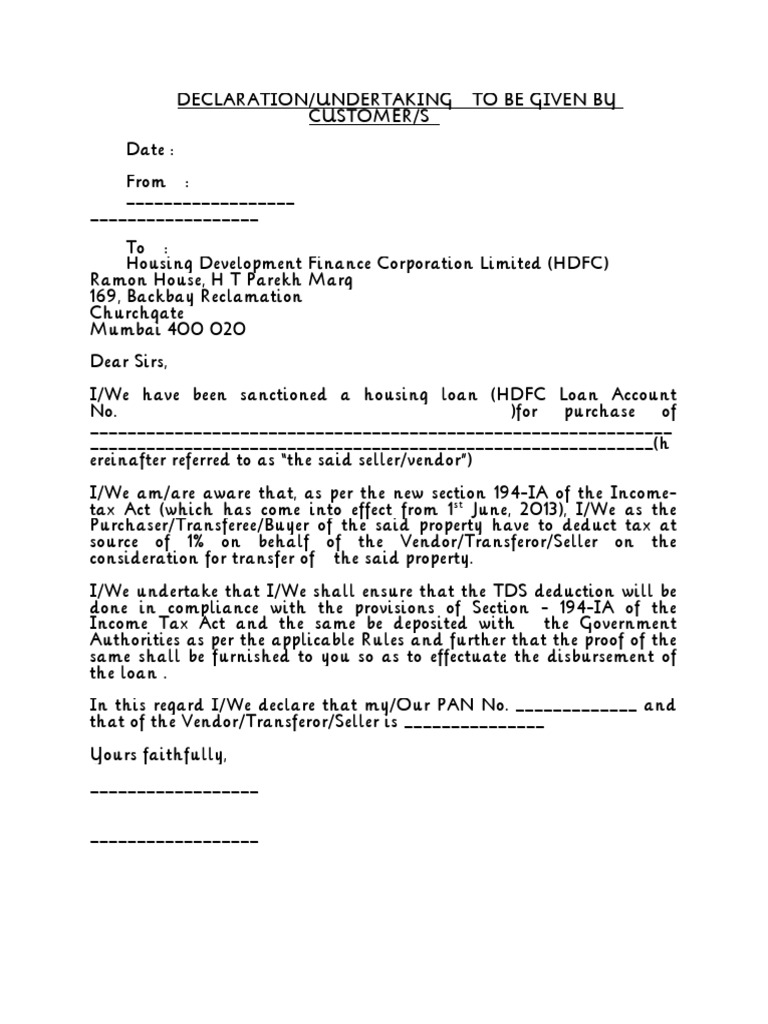 HDFC TDS Declaration Undertaking Form | PDF | Business