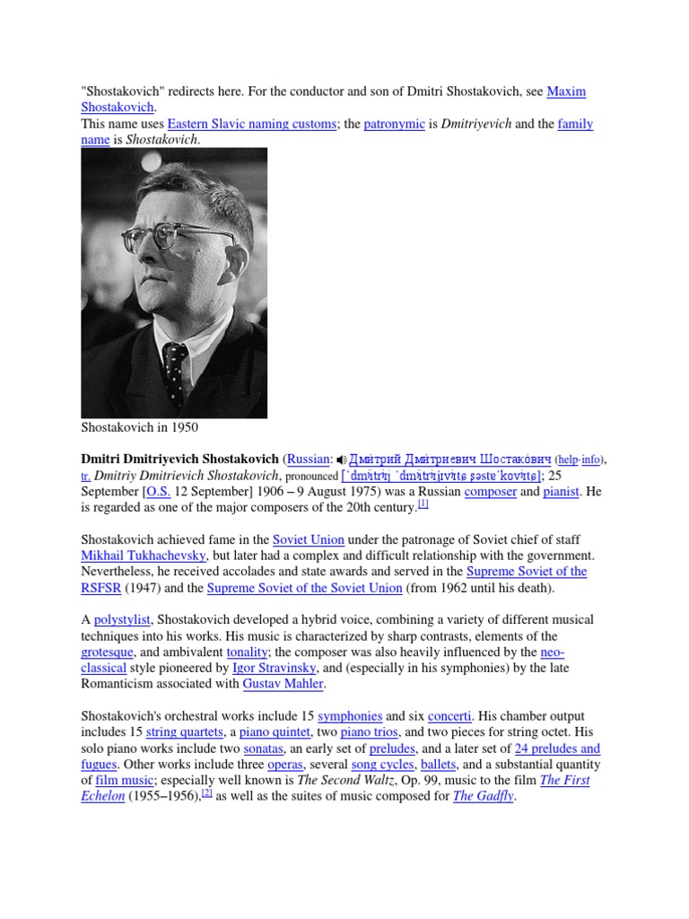 Dmitri Dmitriyevich Shostakovich (: The First Echelon The Gadfly | PDF